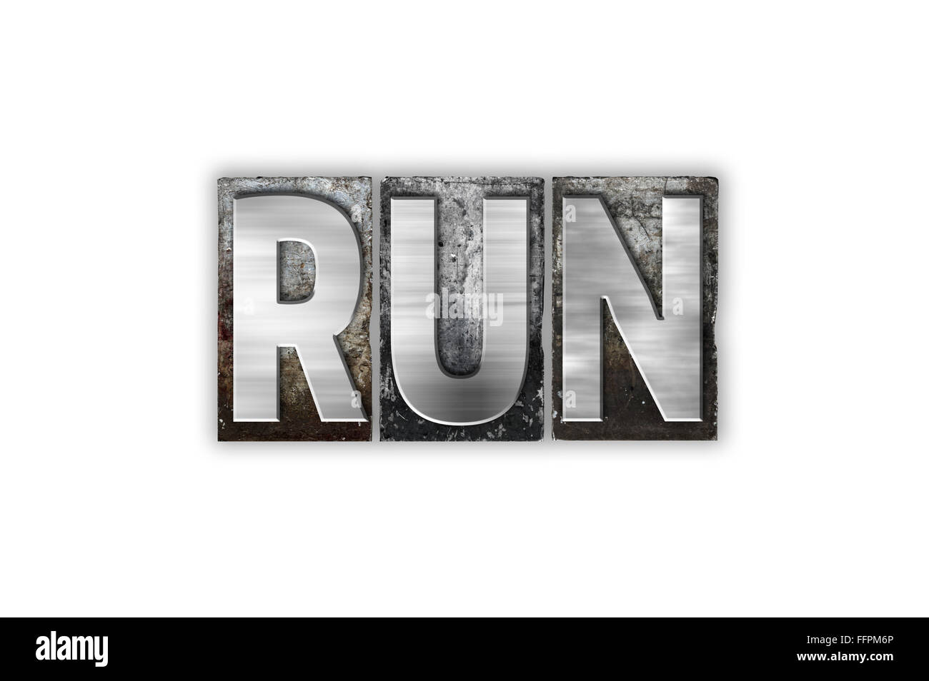 The word "Run" written in vintage metal letterpress type isolated on a ...