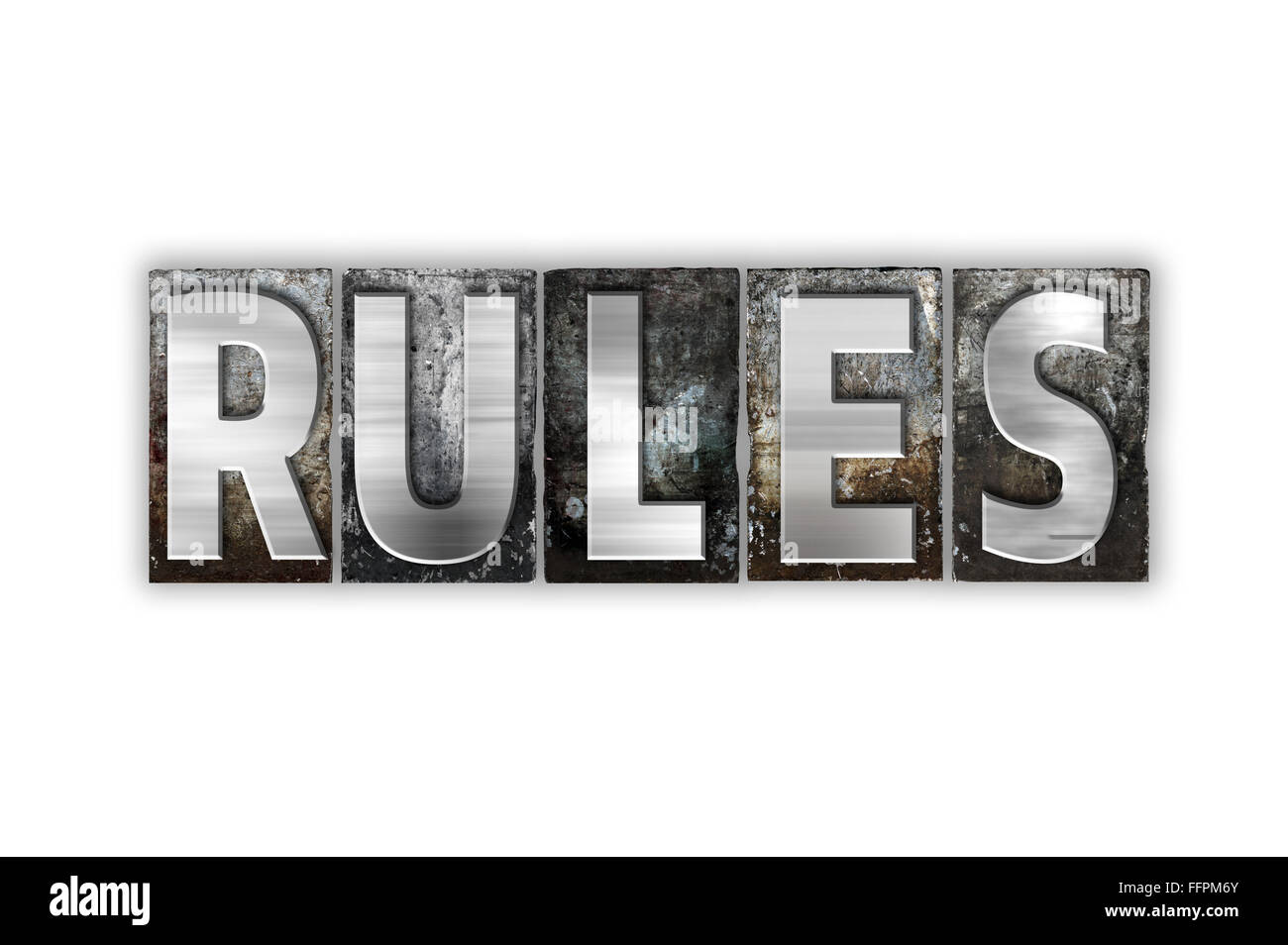 The word "Rules" written in vintage metal letterpress type isolated on ...