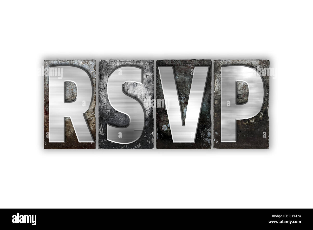 The word "RSVP" written in vintage metal letterpress type isolated on a ...