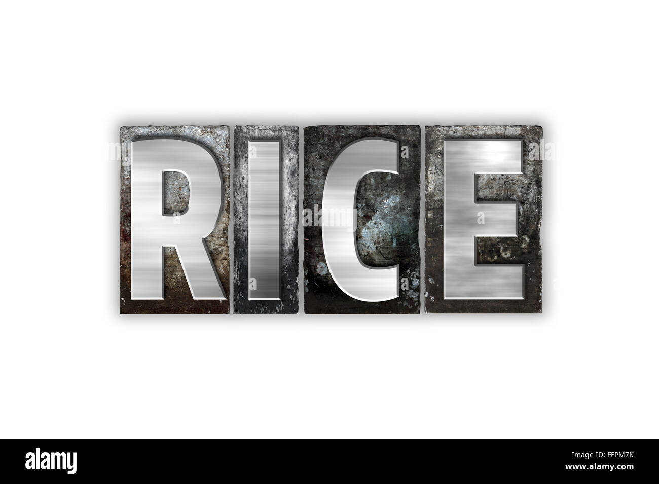 The word "Rice" written in vintage metal letterpress type isolated on a ...