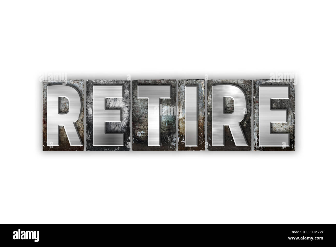 The word "Retire" written in vintage metal letterpress type isolated on ...