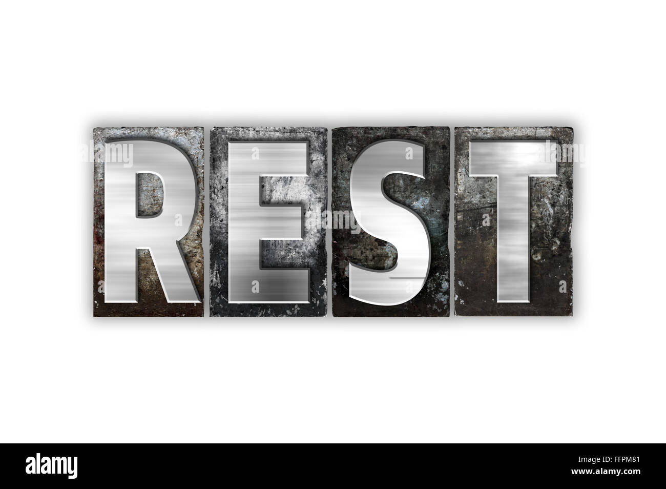 The word "Rest" written in vintage metal letterpress type isolated on a ...