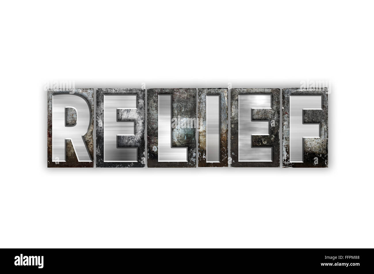 The word "Relief" written in vintage metal letterpress type isolated on ...