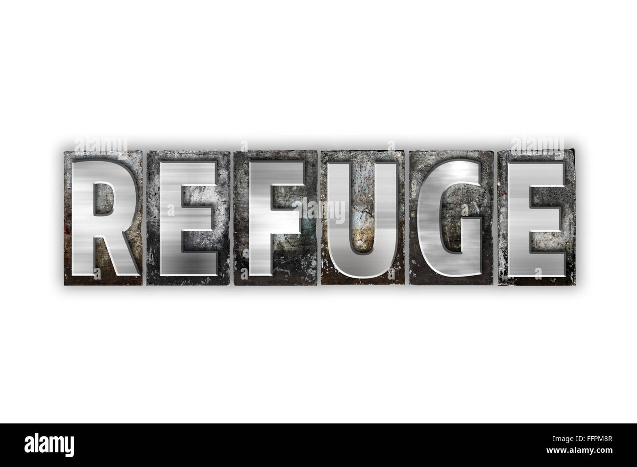 The word "Refuge" written in vintage metal letterpress type isolated on ...