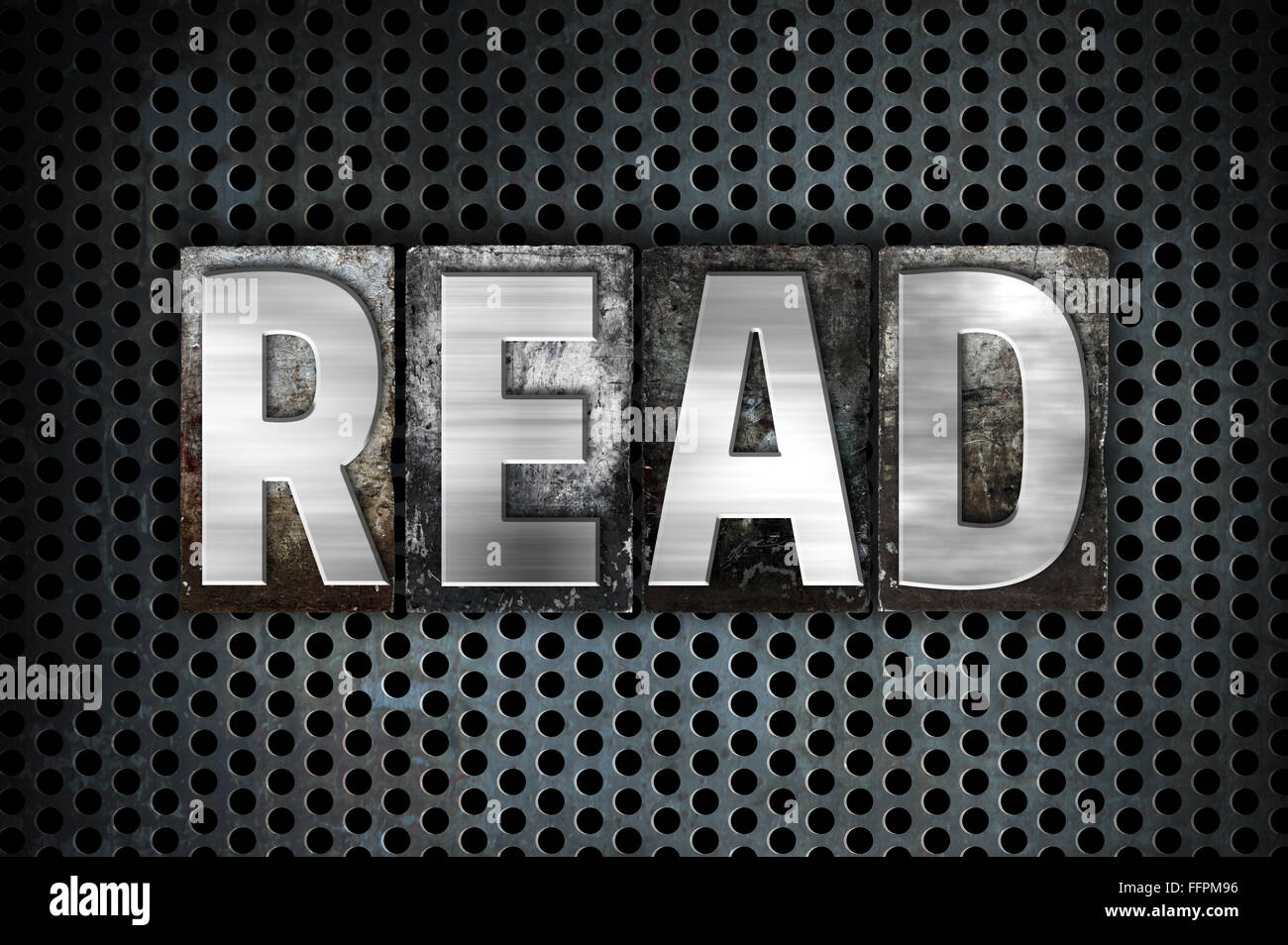 The word "Read" written in vintage metal letterpress type on a black ...