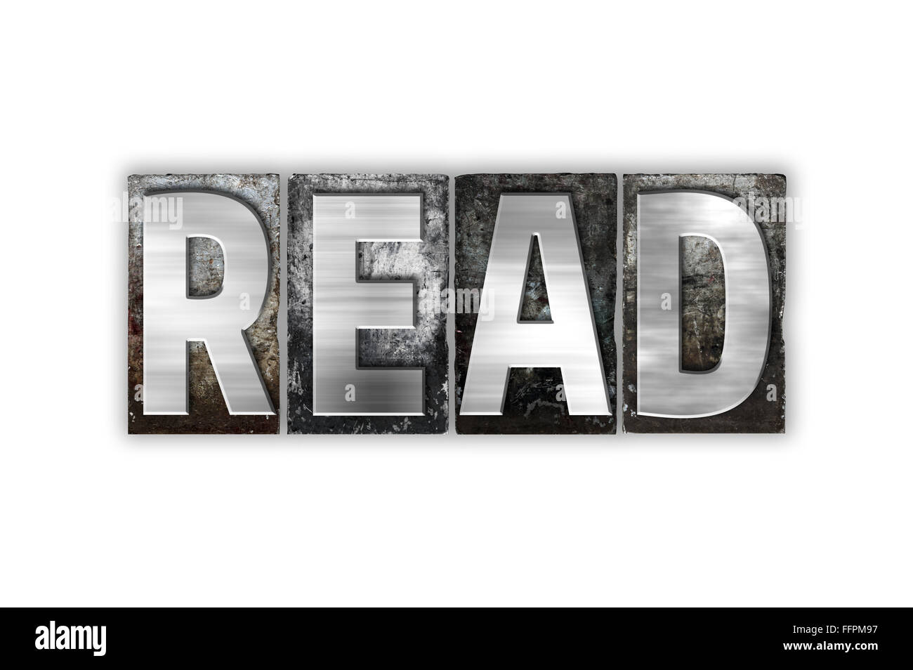 The word "Read" written in vintage metal letterpress type isolated on a ...