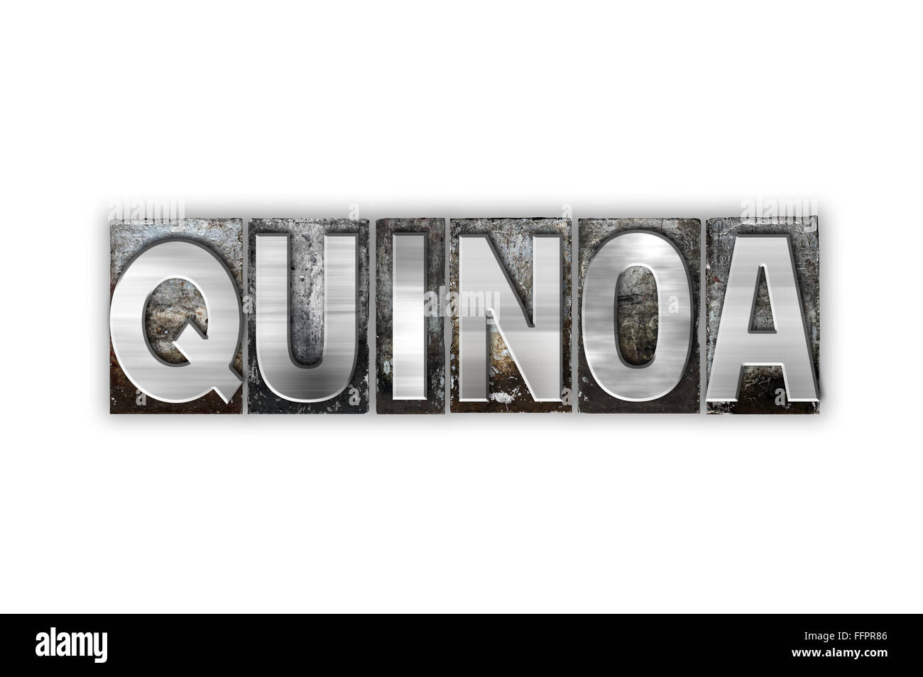 The word "Quinoa" written in vintage metal letterpress type isolated on ...