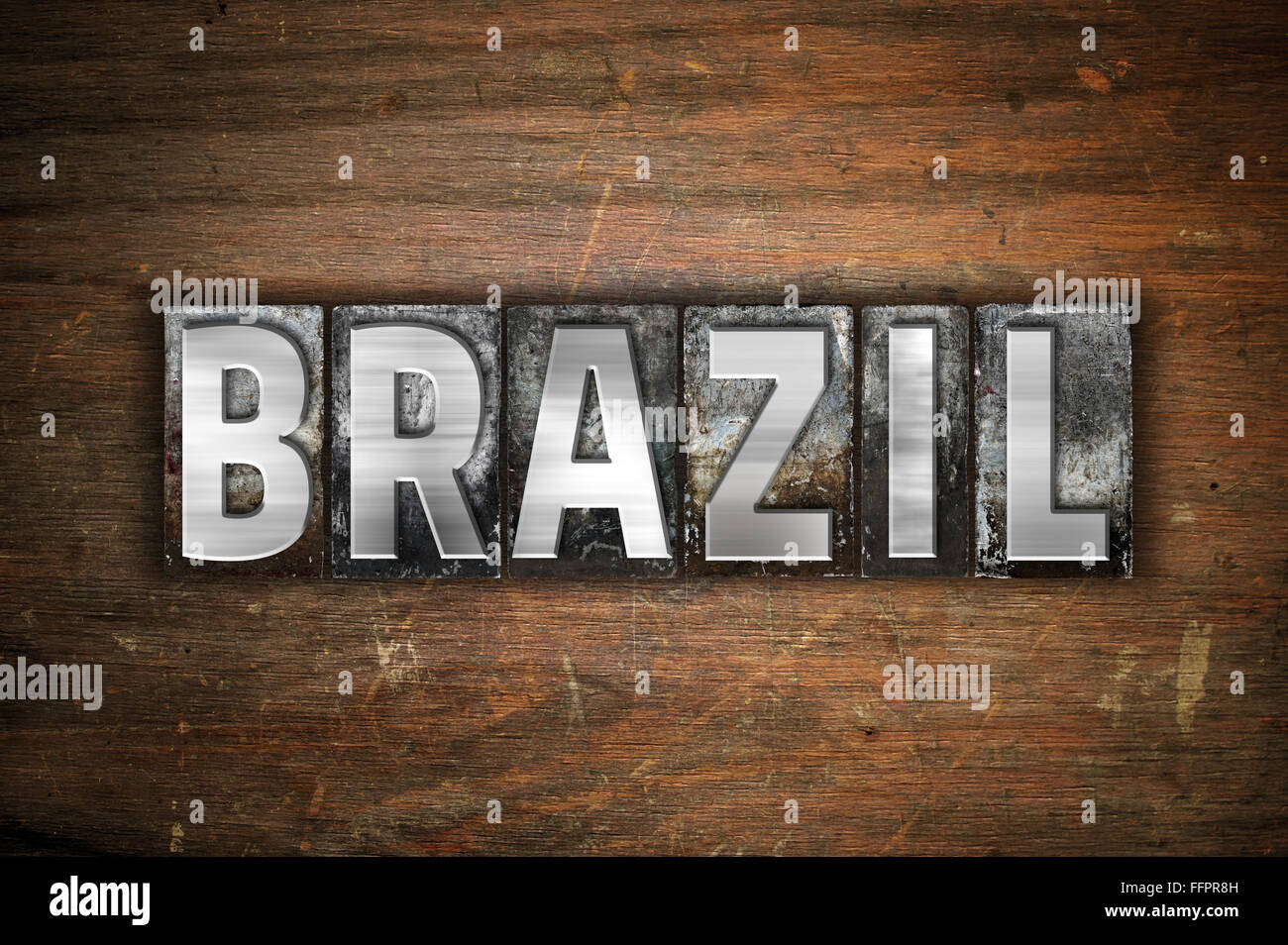 The word "Brazil" written in vintage metal letterpress type on an aged ...
