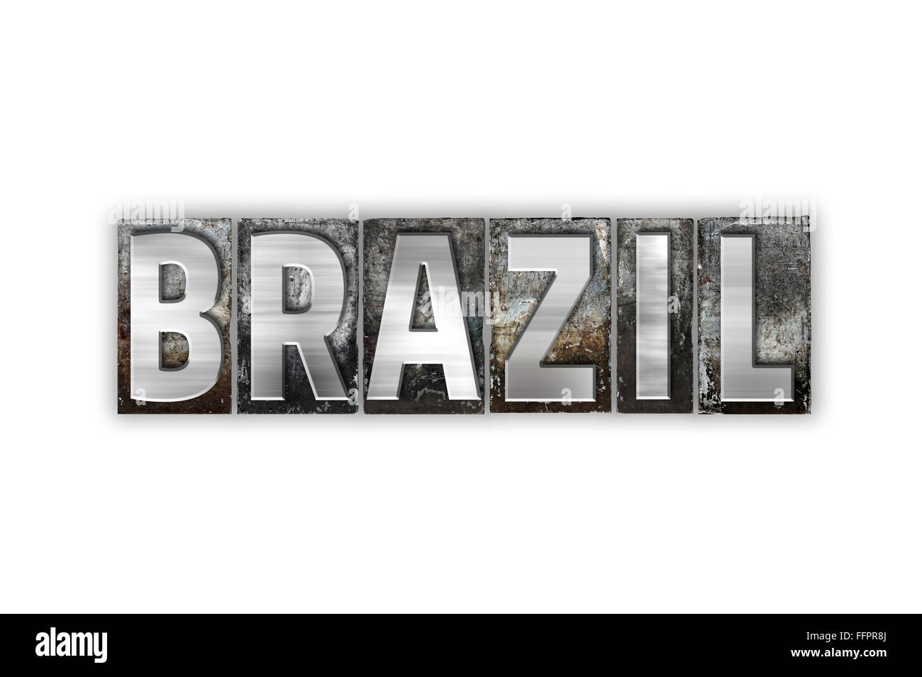 The word "Brazil" written in vintage metal letterpress type isolated on ...
