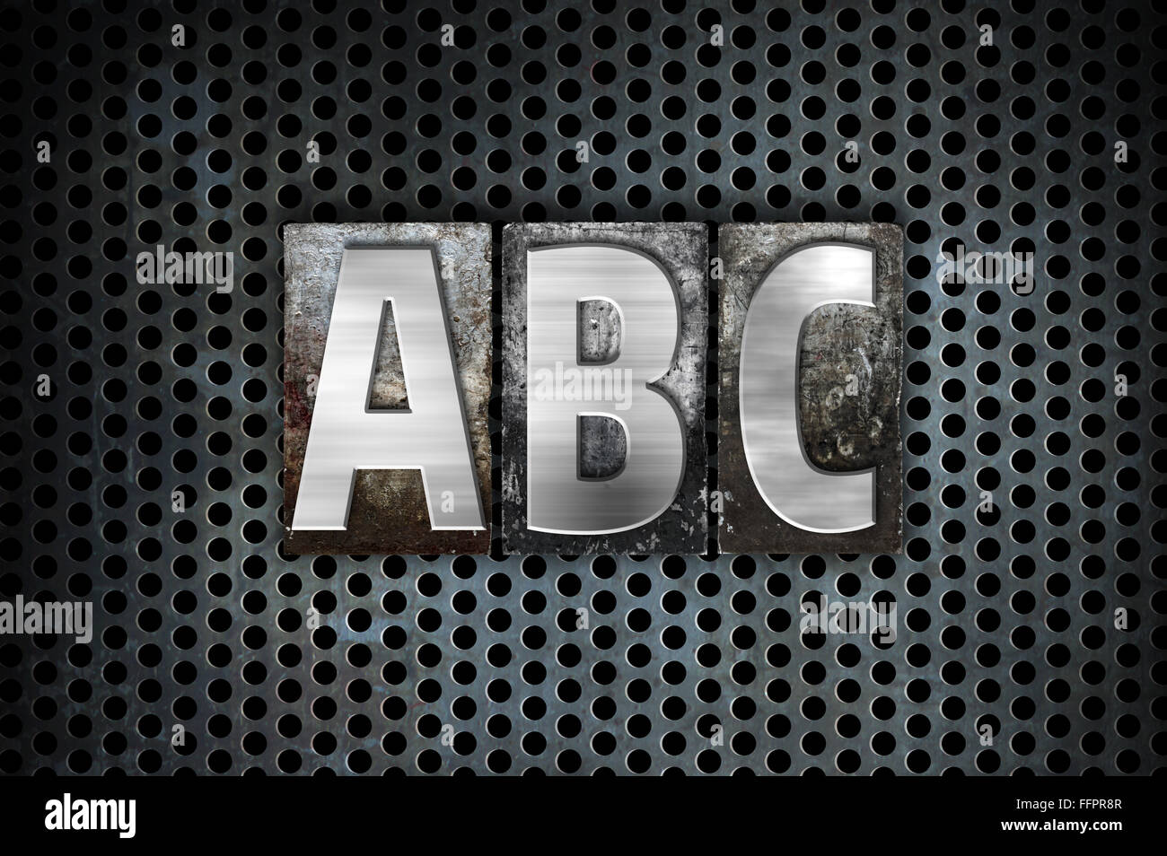 The word "ABC" written in vintage metal letterpress type on a black ...