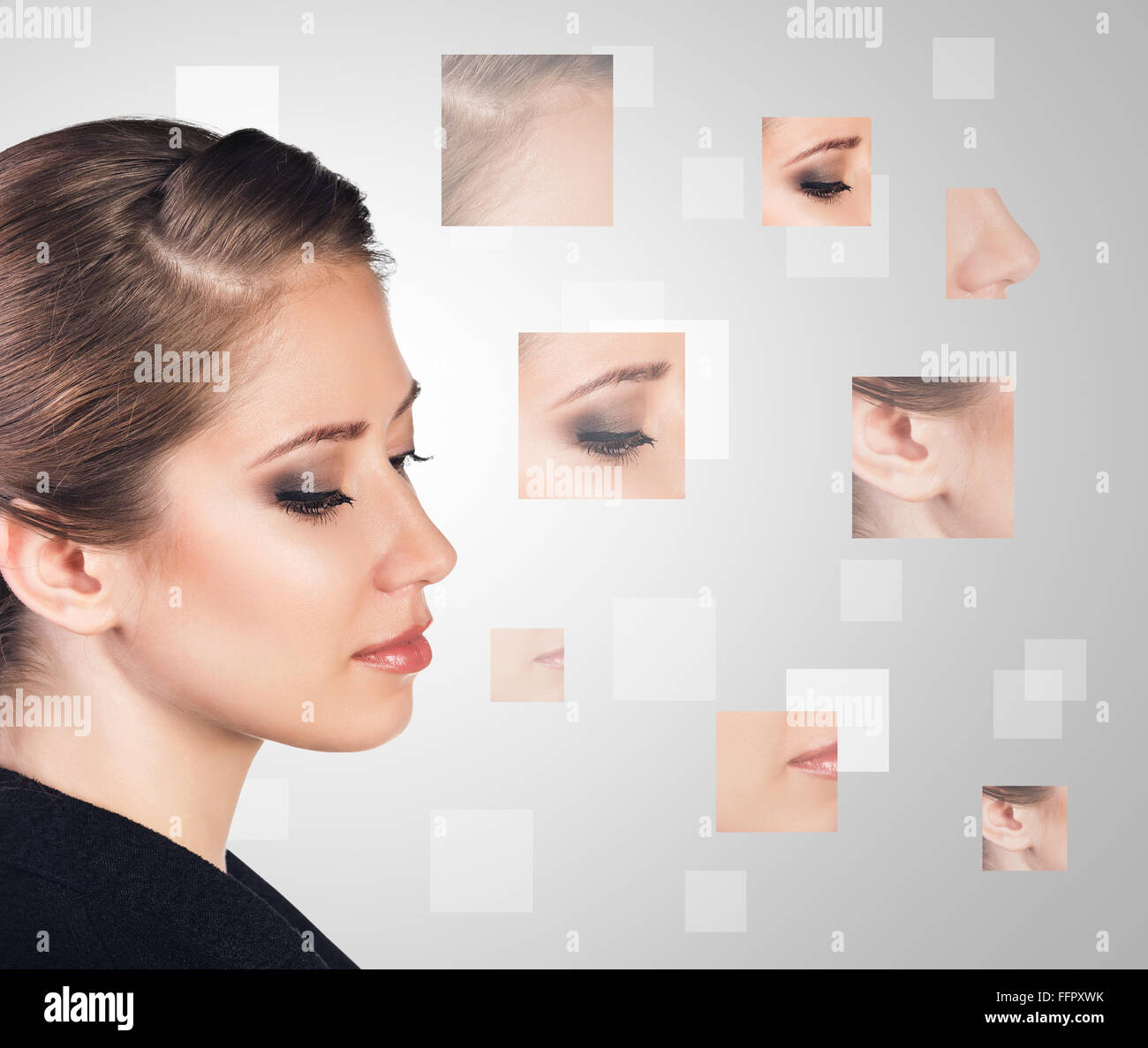 Perfect female face made from faces parts .Plastic surgery concept ...