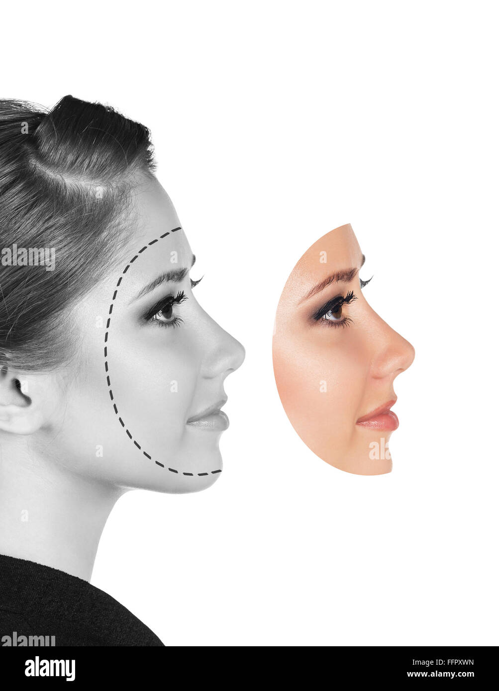 Perfect female face made from faces parts .Plastic surgery concept ...