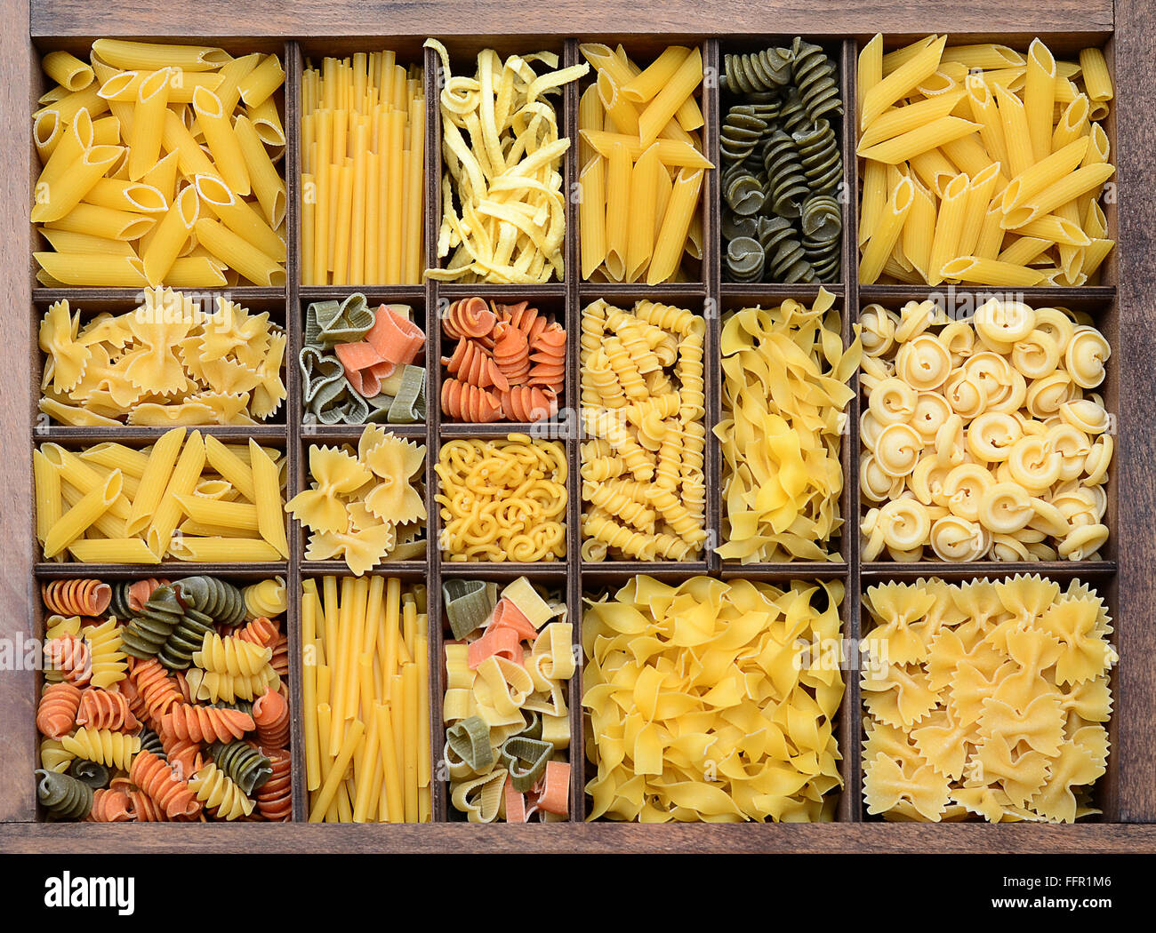 Pasta, various types of pasta in a type case Stock Photo - Alamy