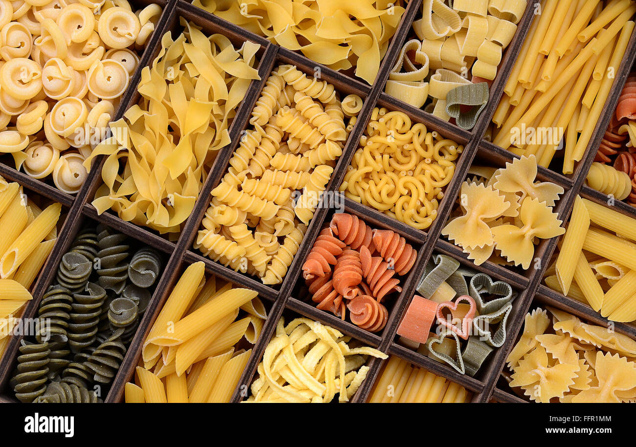 Pasta, various types of pasta in a type case Stock Photo - Alamy
