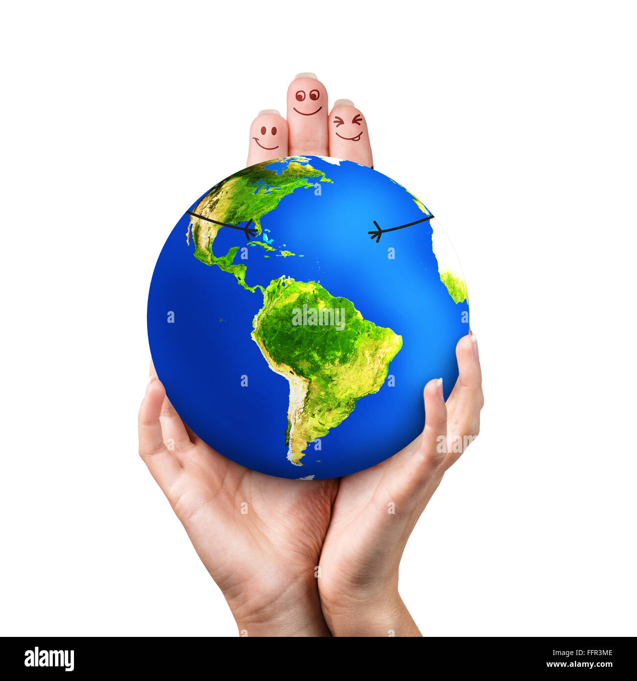 Happy fingers hugging earth. Elements of this image furnished by NASA ...