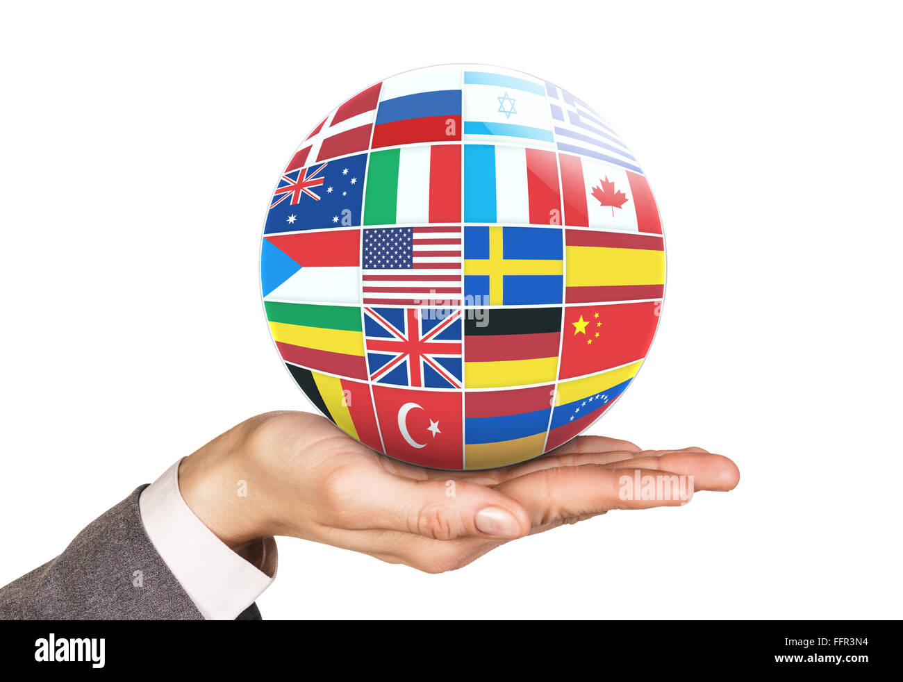 Many flags collage ball on hand isolated on white Stock Photo - Alamy