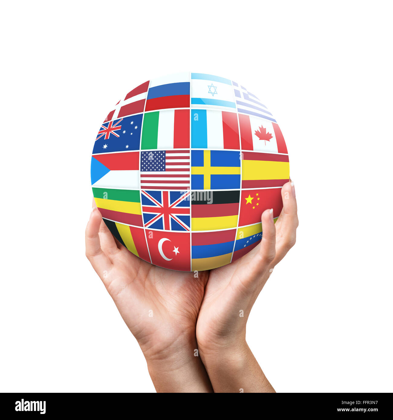 Many flags collage ball on hand isolated on white Stock Photo - Alamy