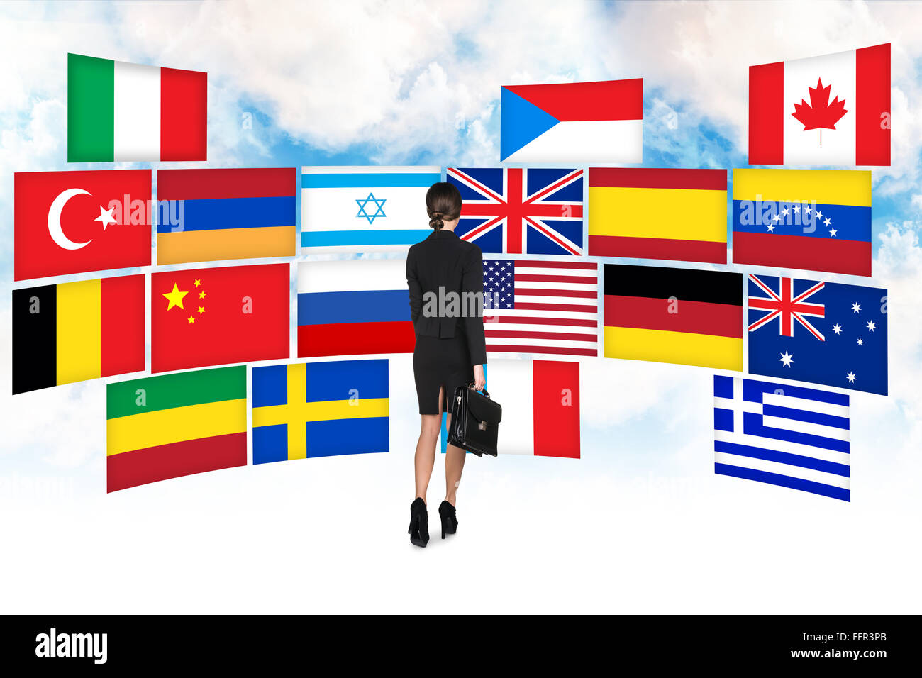 Business woman stands on the many different countries flags background ...