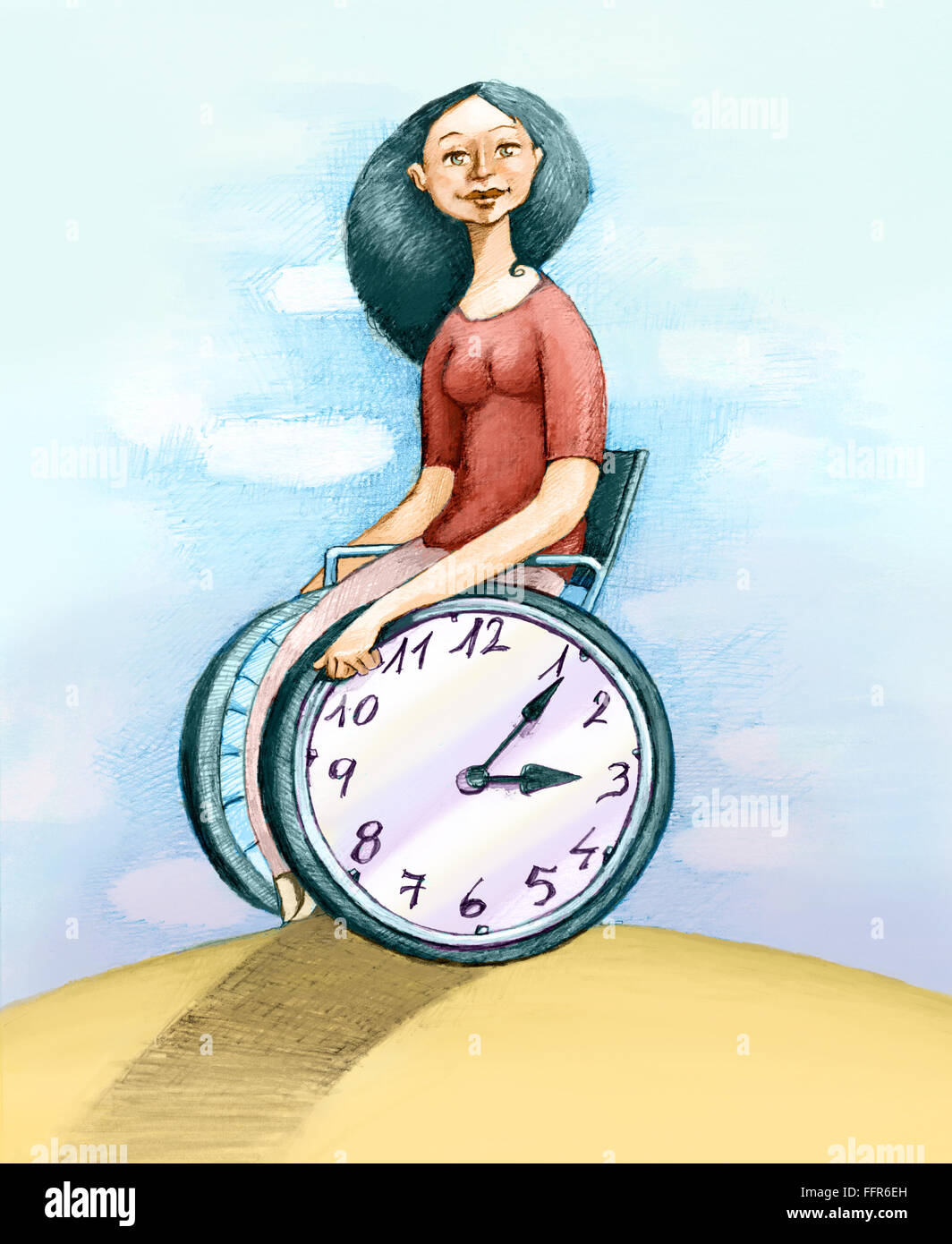 a disabled girl, the wheel of his wheelchair is a clock Stock Photo - Alamy