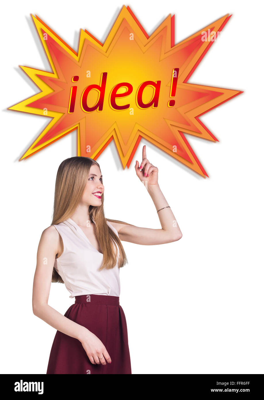 Young woman near image of comic book explosion with idea word inside ...