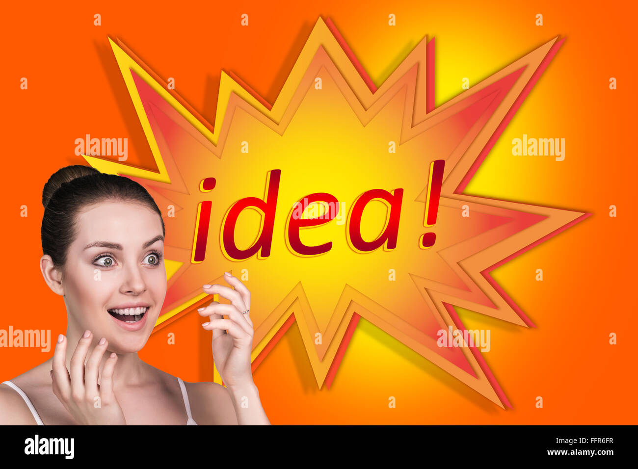 Young woman near image of comic book explosion with idea word inside ...