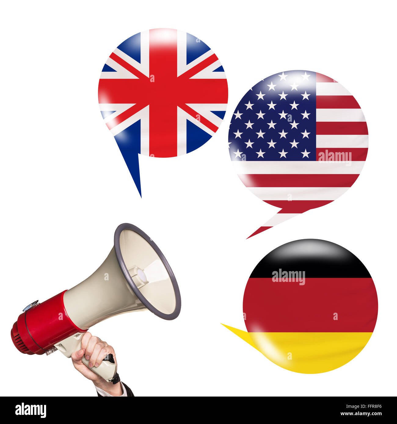 Megaphone speak foreign languages with different flags bubble Stock ...