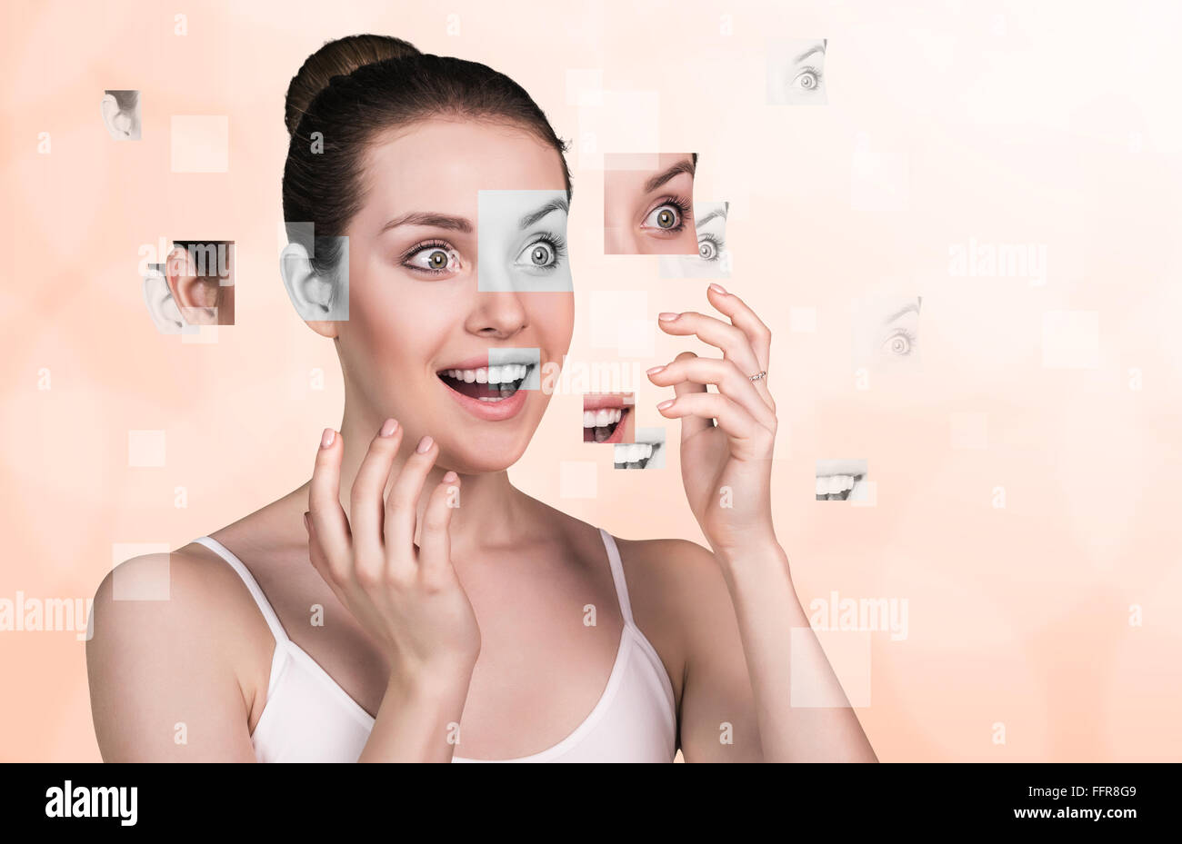 Perfect female face made from faces parts .Plastic surgery concept ...