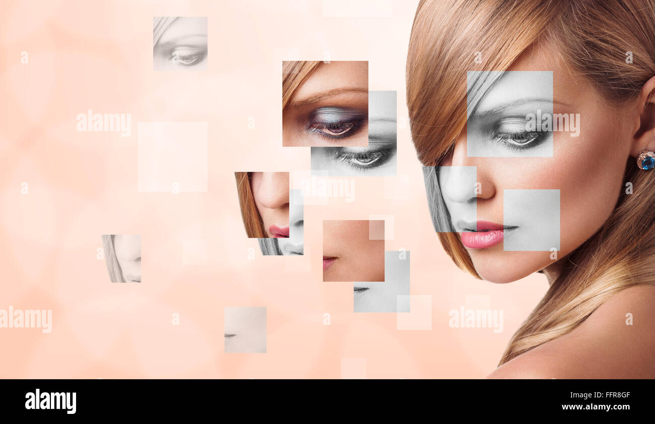 Perfect female face made from faces parts .Plastic surgery concept ...