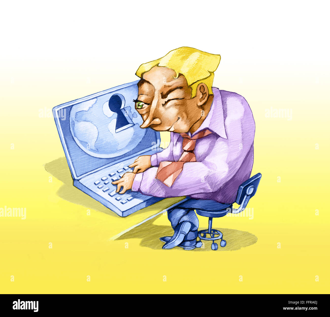 an employee looks at a curious lock the computer monitor Stock Photo ...