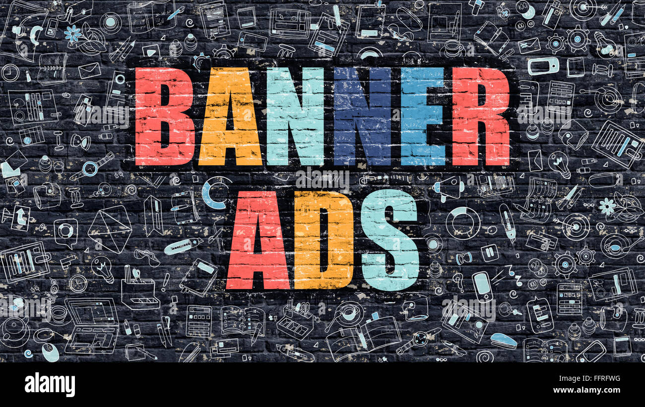Multicolor Banner Ads on Dark Brickwall. Doodle Style Stock Photo - Alamy