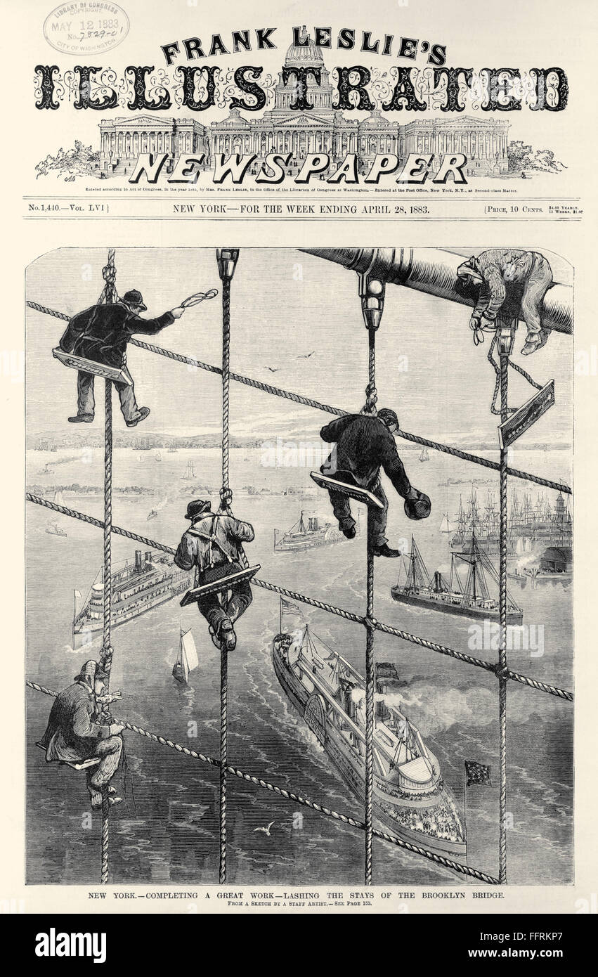 BROOKLYN BRIDGE, 1883. /nConstruction workers lashing the stays on the ...