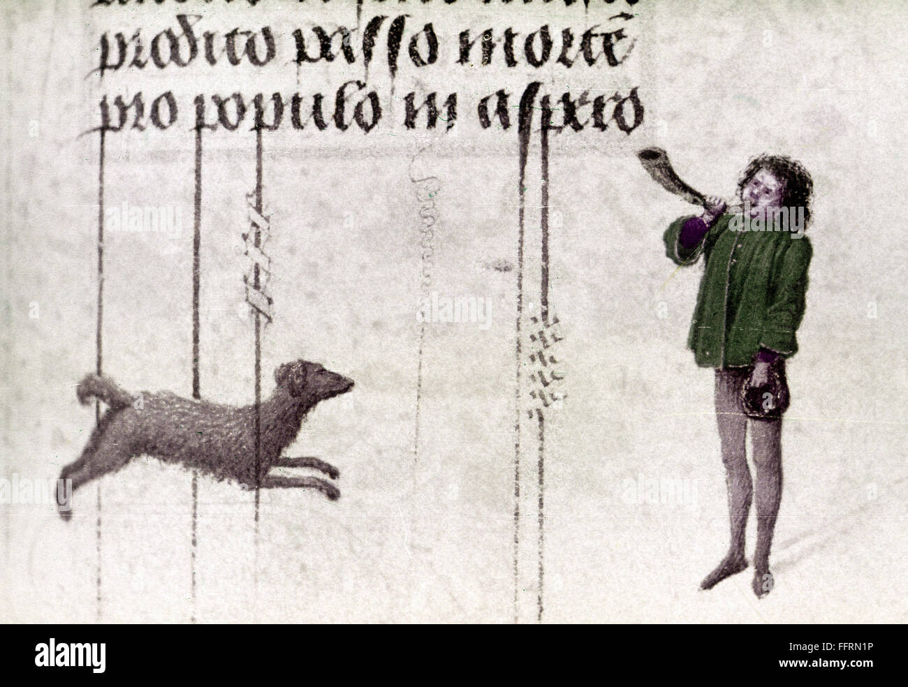 HUNTER, 15th CENTURY. /nA huntsman blowing a horn, with a dog ...