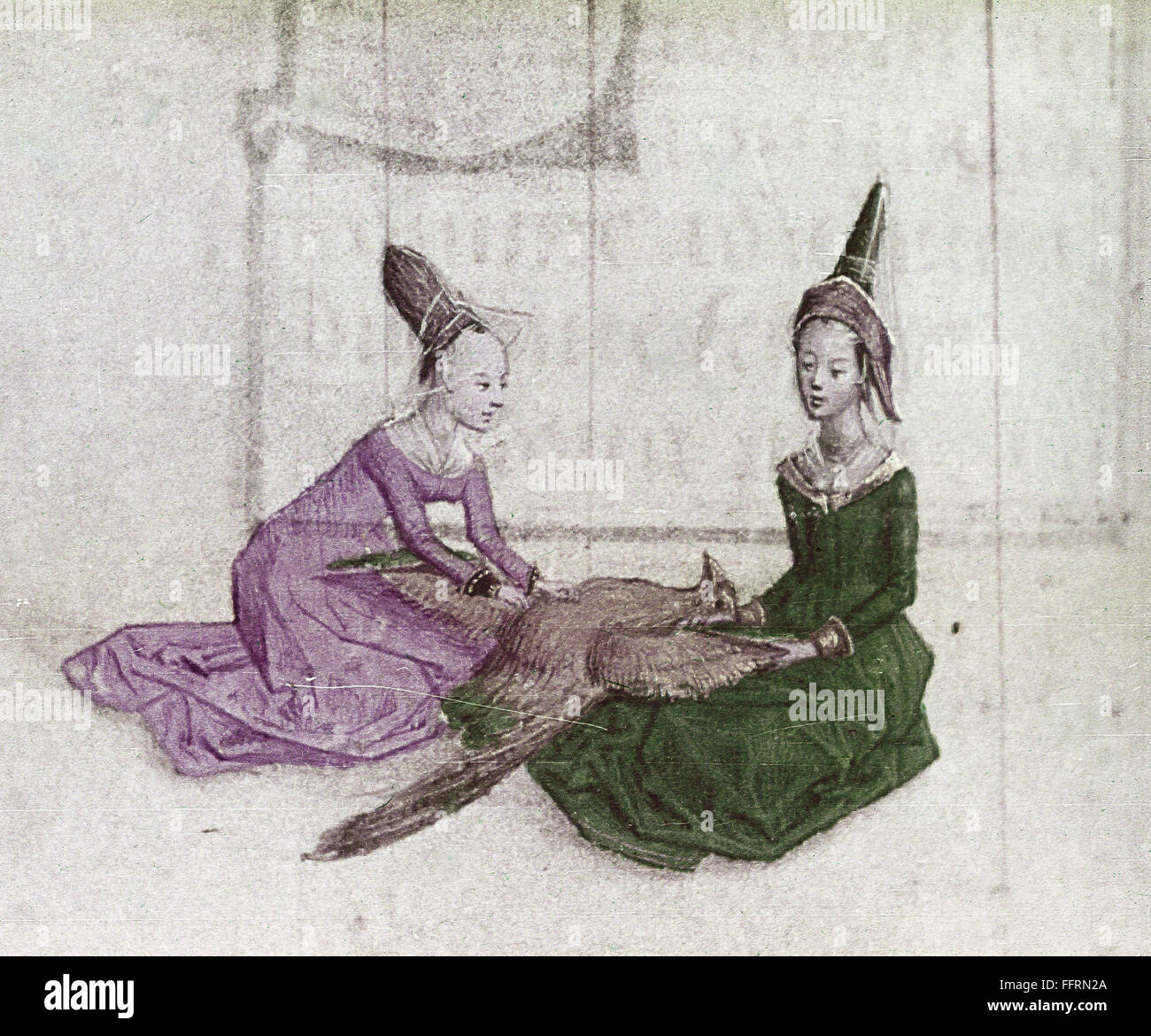TWO LADIES, 15th CENTURY. /nTwo ladies examine a dead game bird ...