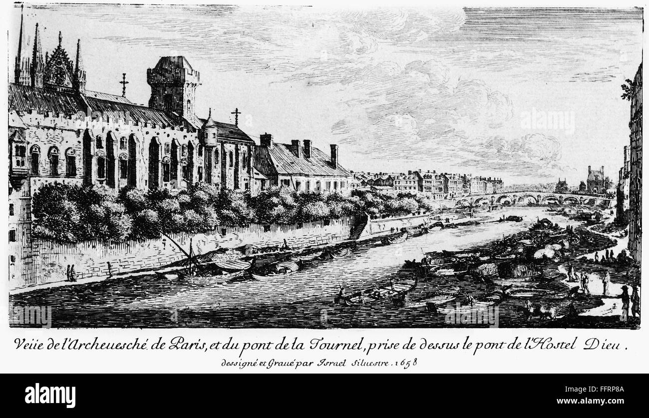PARIS, FRANCE, 1658. /nView of the archbishop's residence and Pont de ...