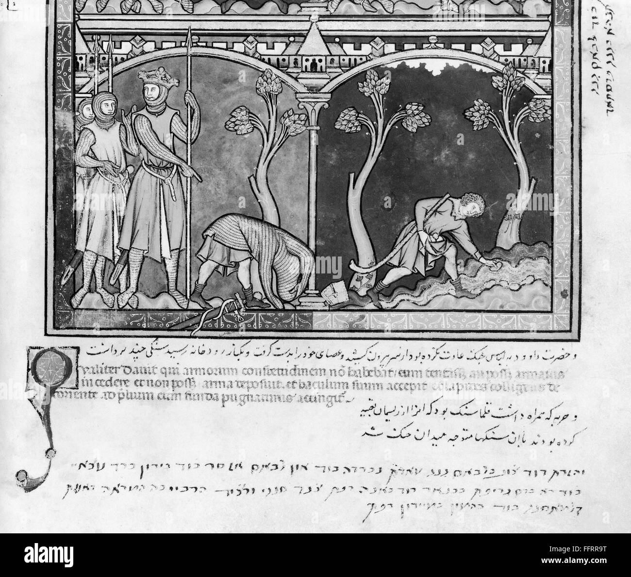 DAVID AND GOLIATH. /nAt left, King Saul looks on as David puts down his ...