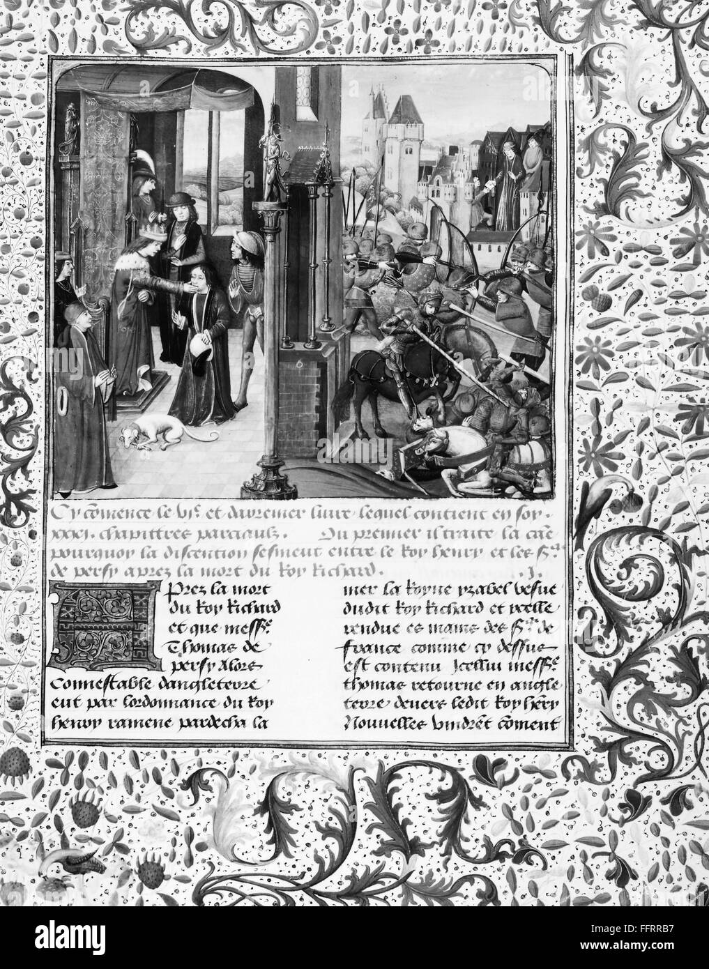 MEDIEVAL COURT & BATTLE. /nA Medieval king in his court with a battle ...