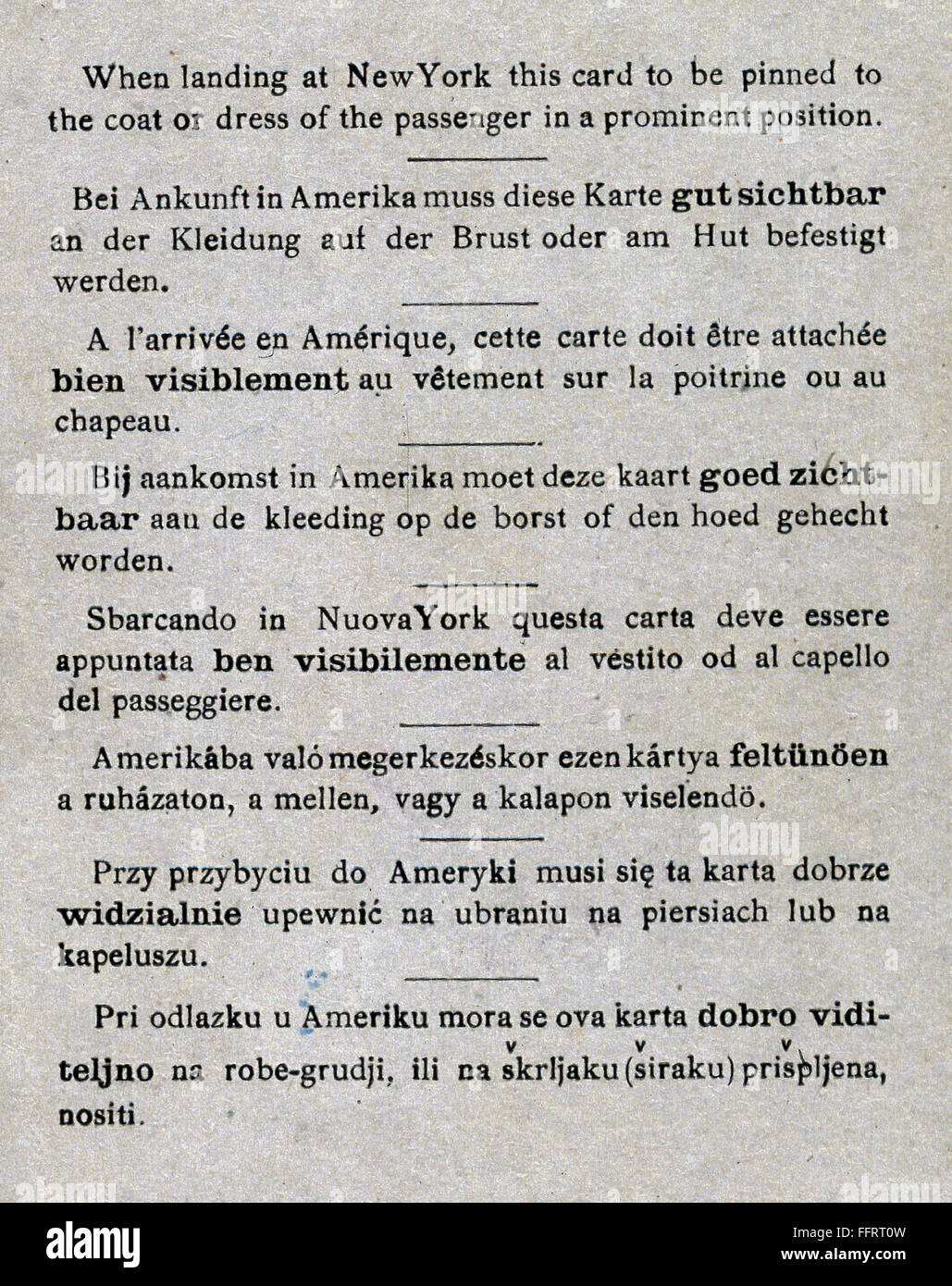 ELLIS ISLAND LANDING CARD. /nBack of a landing card with instructions ...