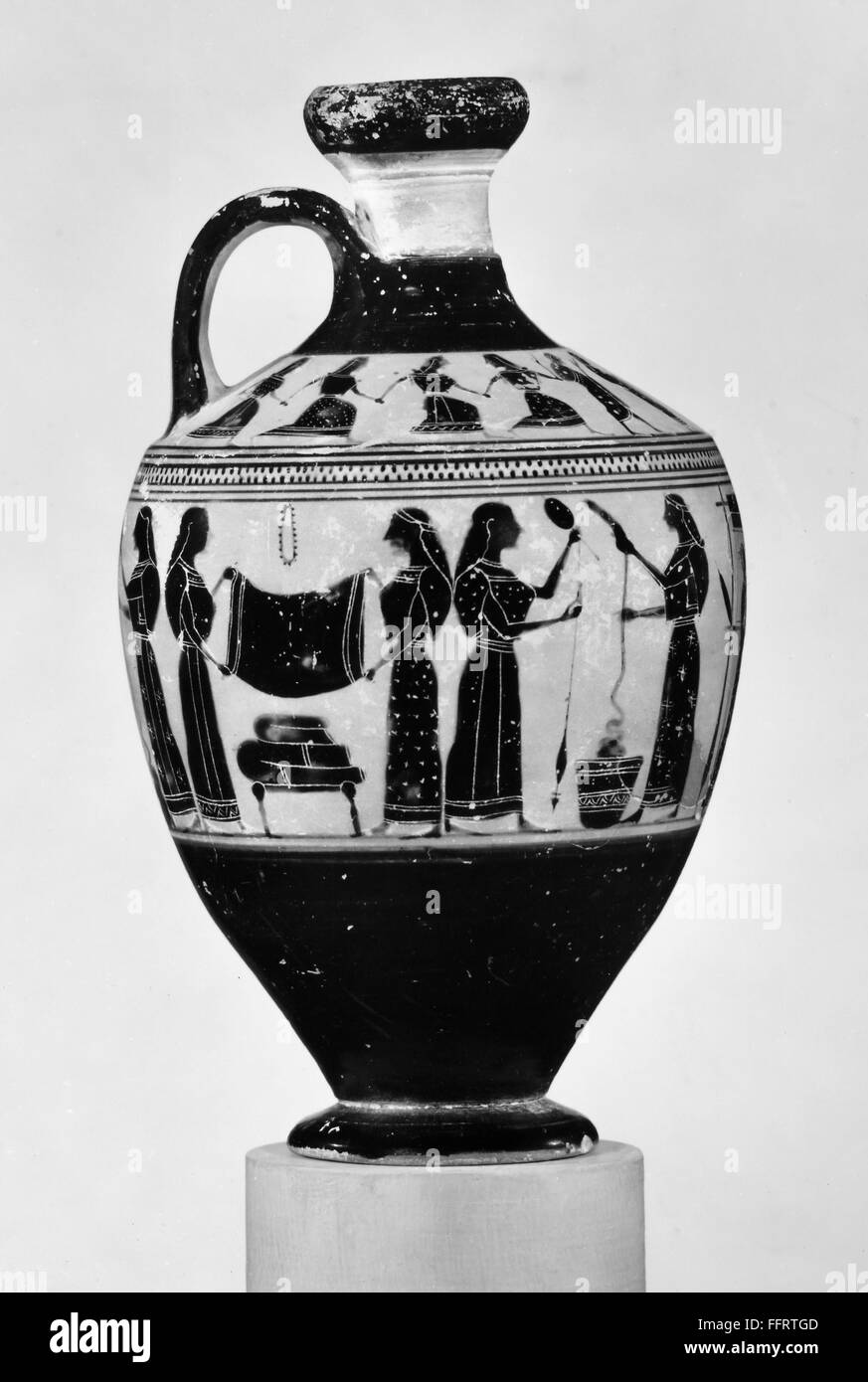 GREEK VASE: WOMEN WORKING. /nWomen spining wool. Painting on a black ...