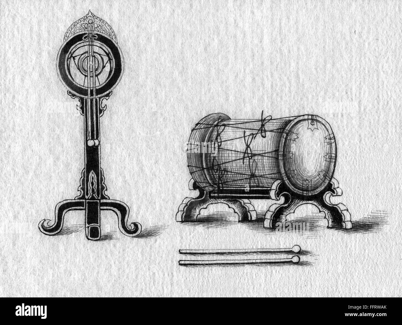 JAPANESE INSTRUMENTS. /nJapanese tsuri-daiko (hanging drum) and taiko ...