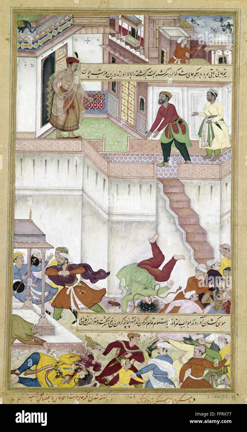 AKBAR AND ADHAM KHAN, 1562. /nEmperor Akbar of India punishing his ...
