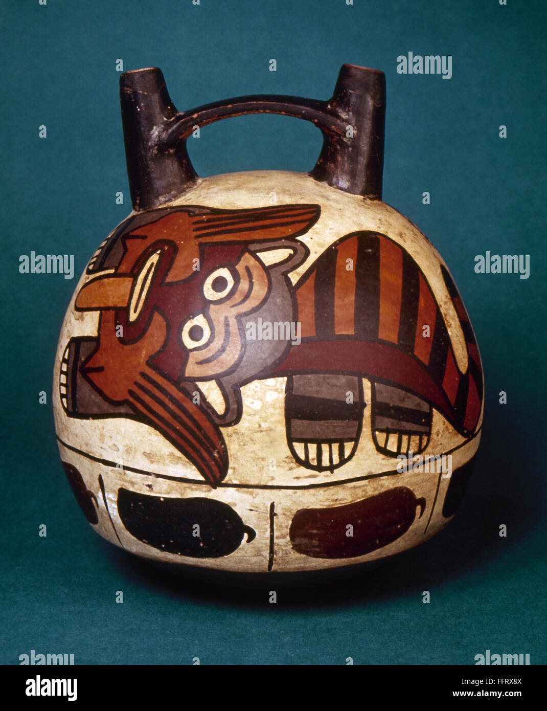 PERU: NAZCA JAR. /nCeramic jar with two spouts, painted with a wild cat ...