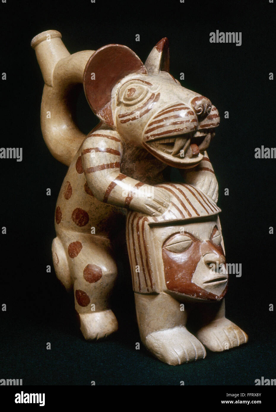 PERU: MOCHE JAR. /nClay jar in the shape of a wild cat attacking a man ...