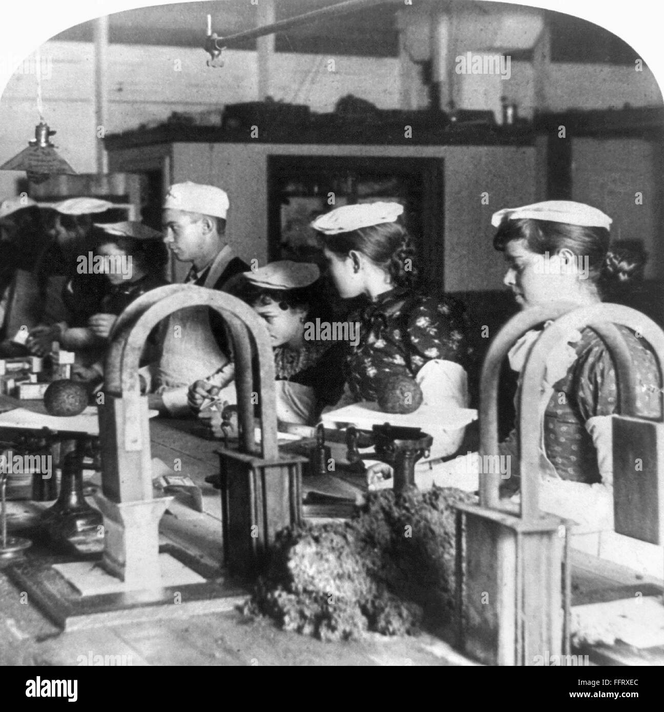 CHICAGO: MEATPACKING, c1893. /nWomen and men weighing and packing mince ...