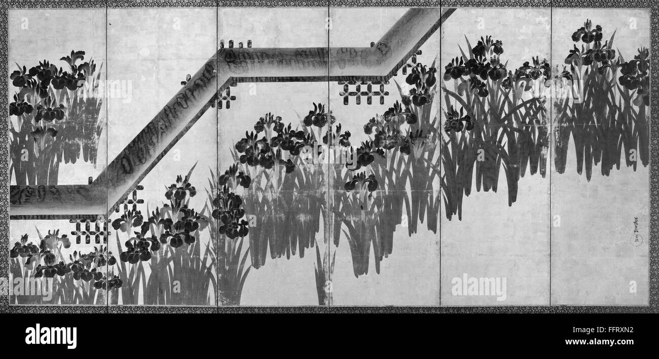 JAPAN: SCREEN WITH IRISES. /nSix-fold screen decorated with a painting ...