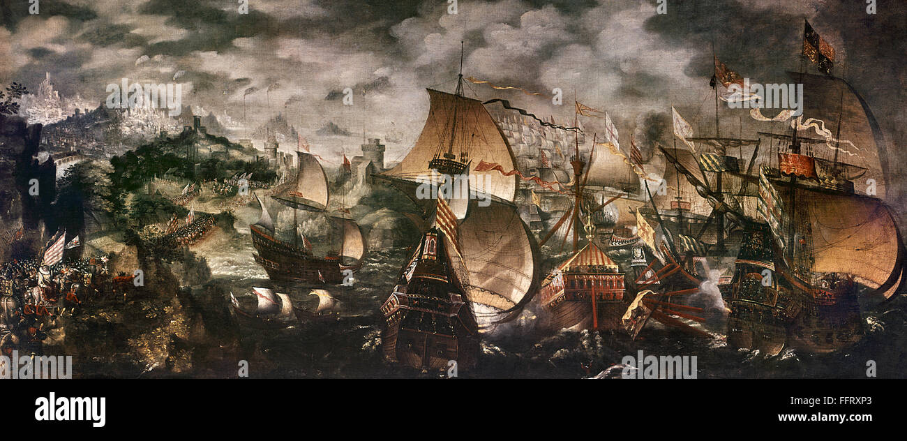 DEFEAT OF SPANISH ARMADA. /nQueen Elizabeth I of England reviewing ...