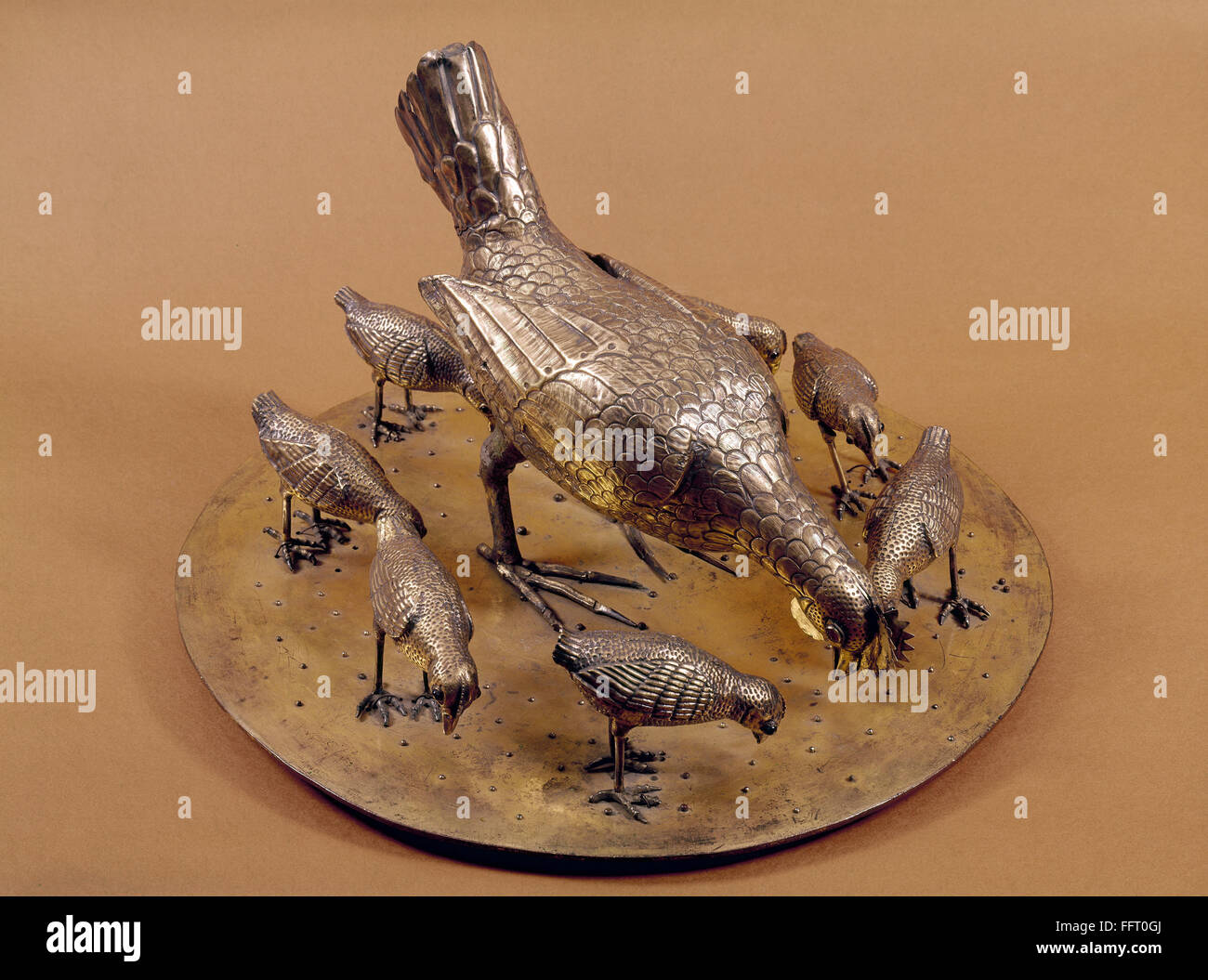 LOMBARDY: HEN AND CHICKS. /nSilver gilt figures on copper base of a hen ...