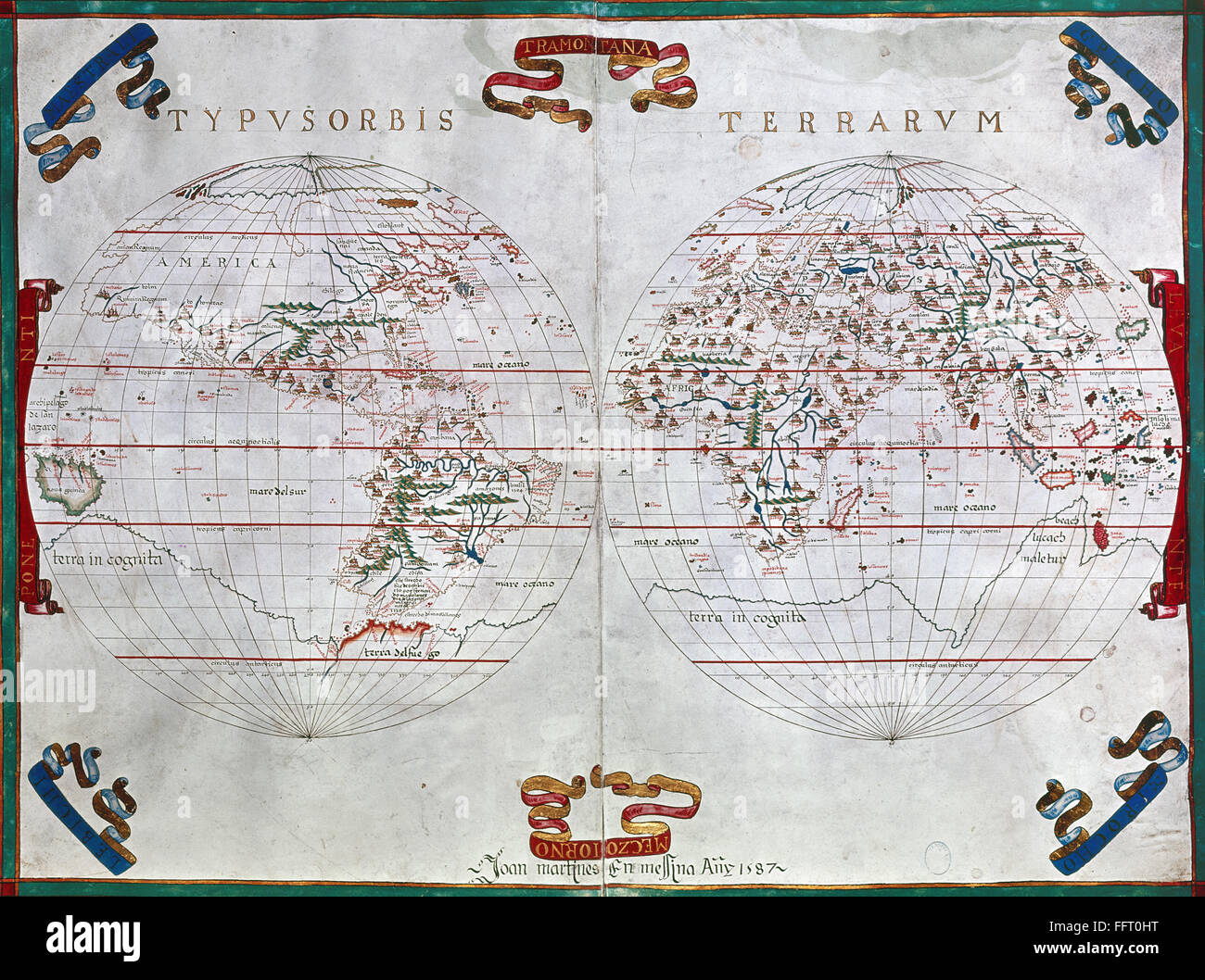 WORLD MAP, 1587. /nMap of the world by Juan Martinez from 'Atlas ...