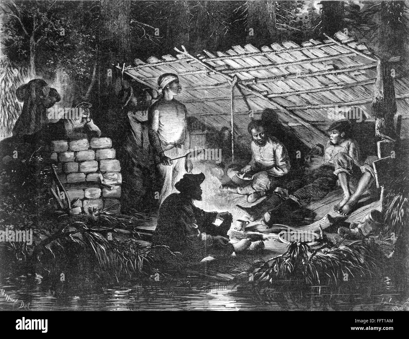 LOUISIANA: FUGITIVE SLAVES. /nEscaped slaves hiding under a lean-to in ...