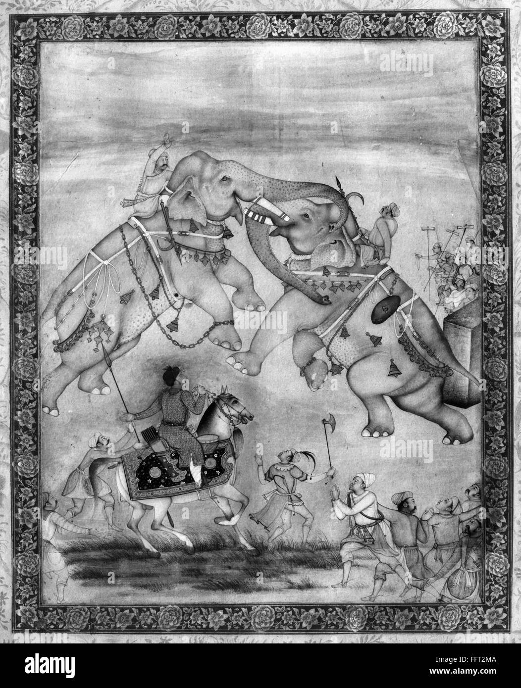 INDIA: ELEPHANT FIGHT. /nMen fighting with elephants, as Mughal emperor ...