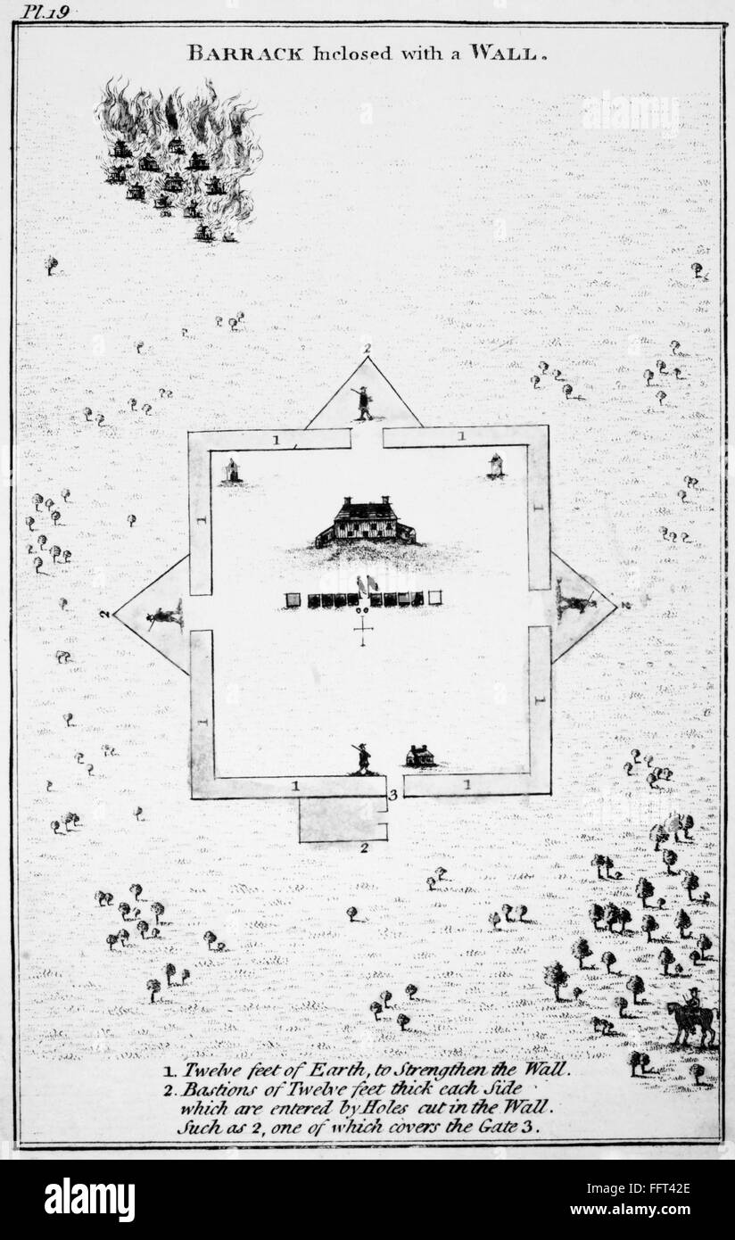 ARMY BARRACKS, 1777. /nEngraved diagram from 'A Military Course for the ...